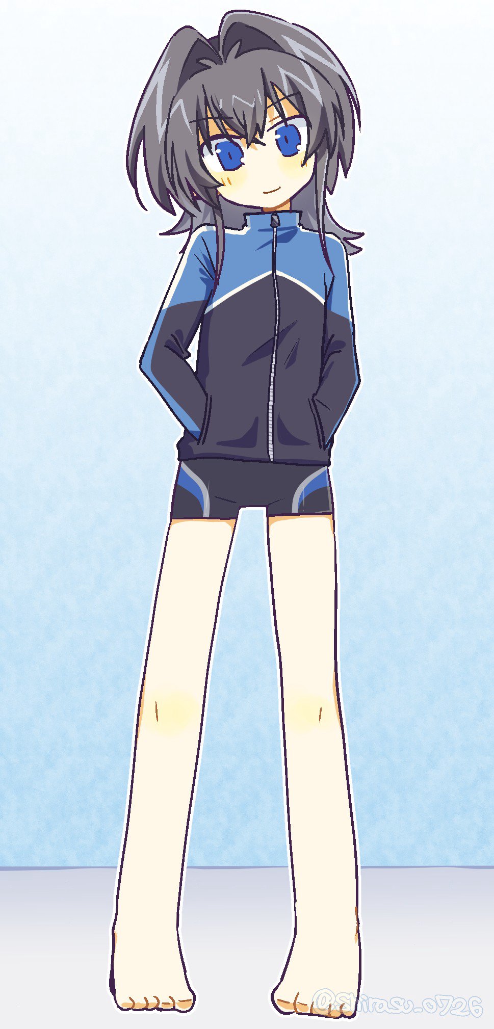 ささやくように恋を唄うの朝凪依が男子競泳選手の格好をして堂々としてる全身絵。ジャージの上着のポケット… | しらす (@Shirasu_0726)さんへのお題 | お題箱